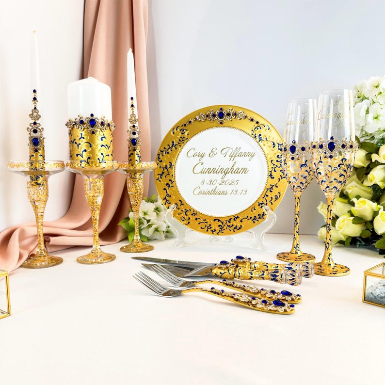 Custom Wedding Toasting Glasses Cake Cutting Set Gold Blue Engraved ...