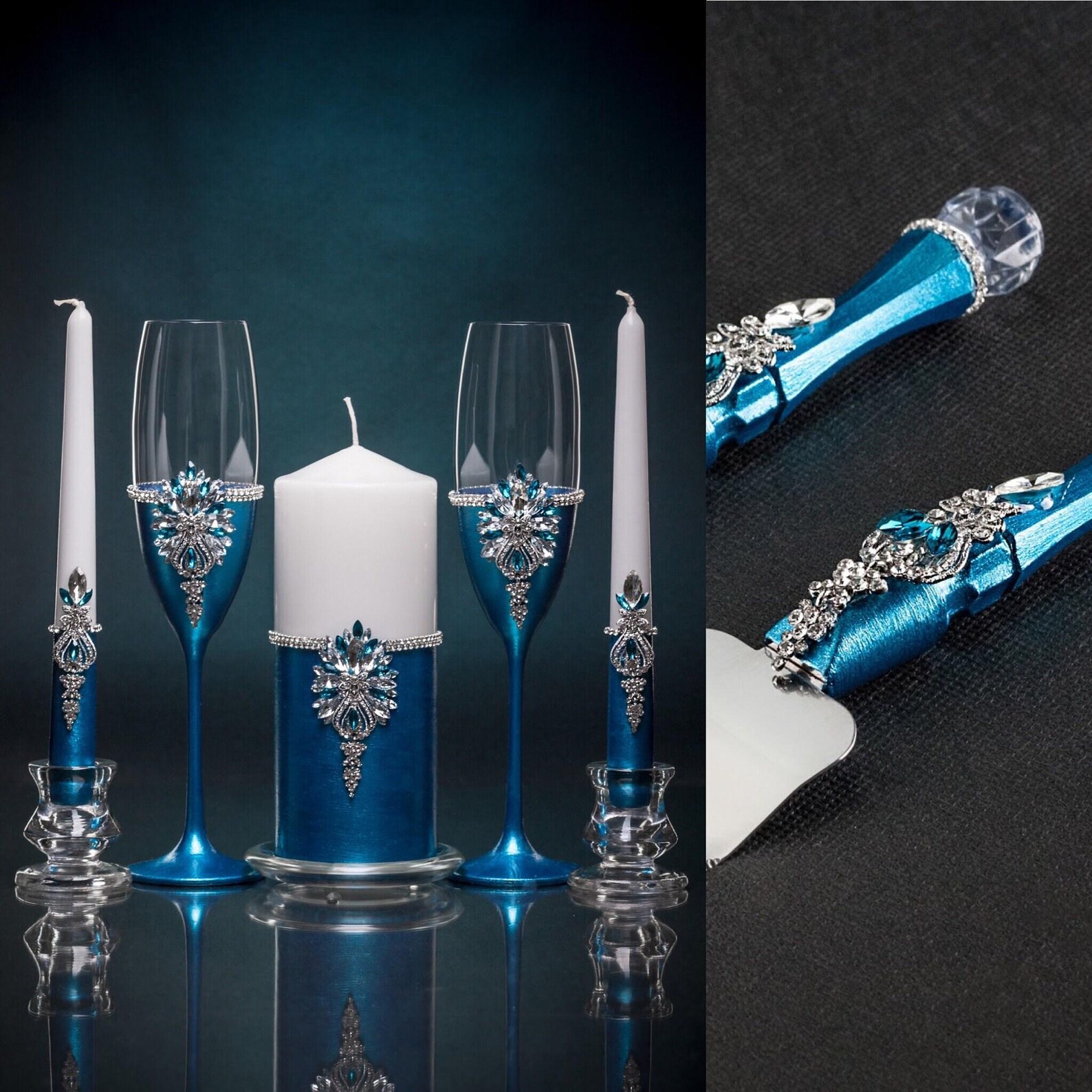 Light Blue Wedding Set: Engraved Champagne Glasses, Cake Cutting ...