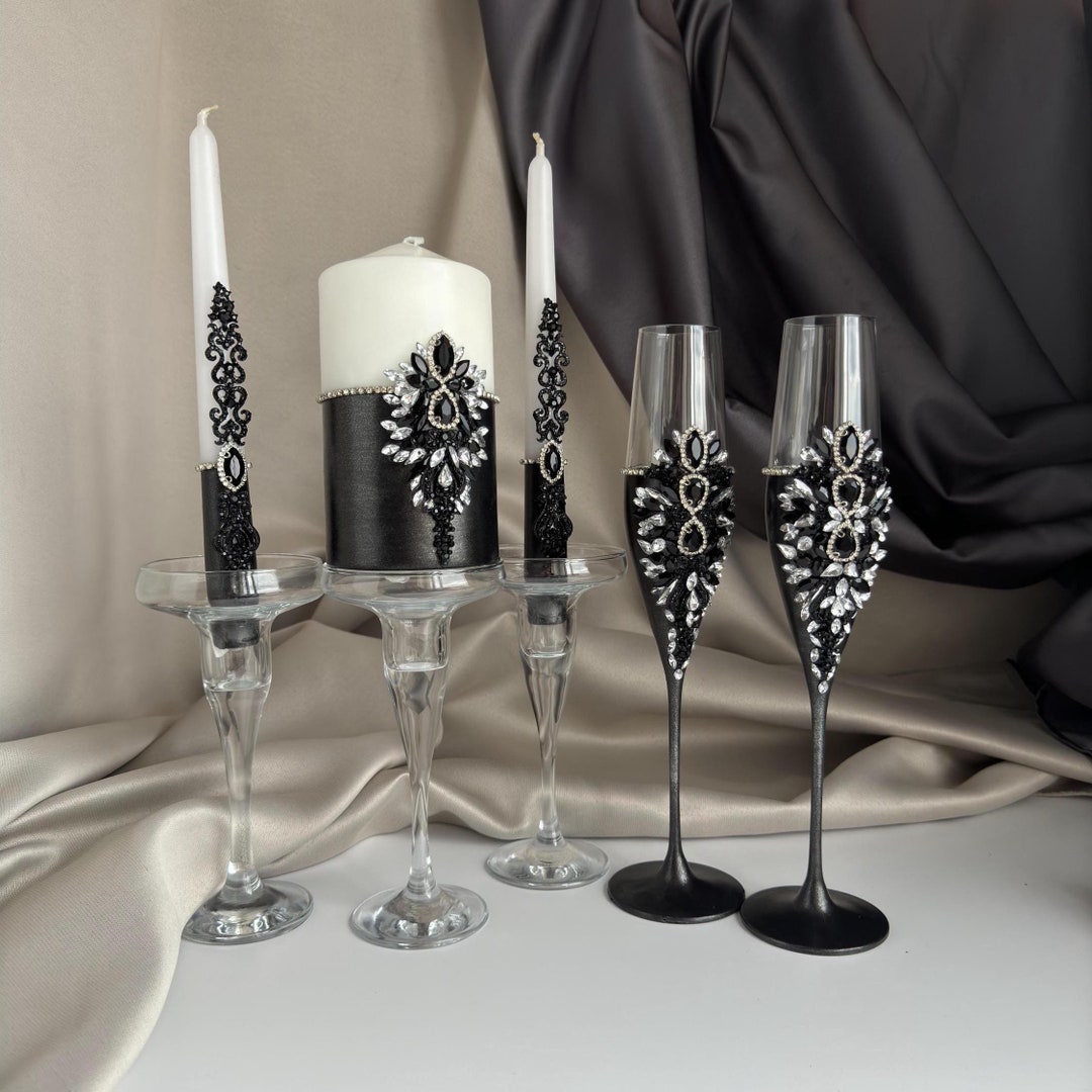 Black Champagne Glasses Black Unity Candle Set Black White Toast Flutes ...