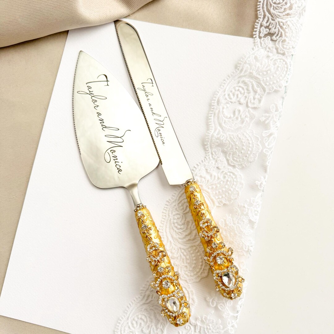 Personalized Gold Cake Server and Knife Set, Engraved Wedding Gift - Etsy