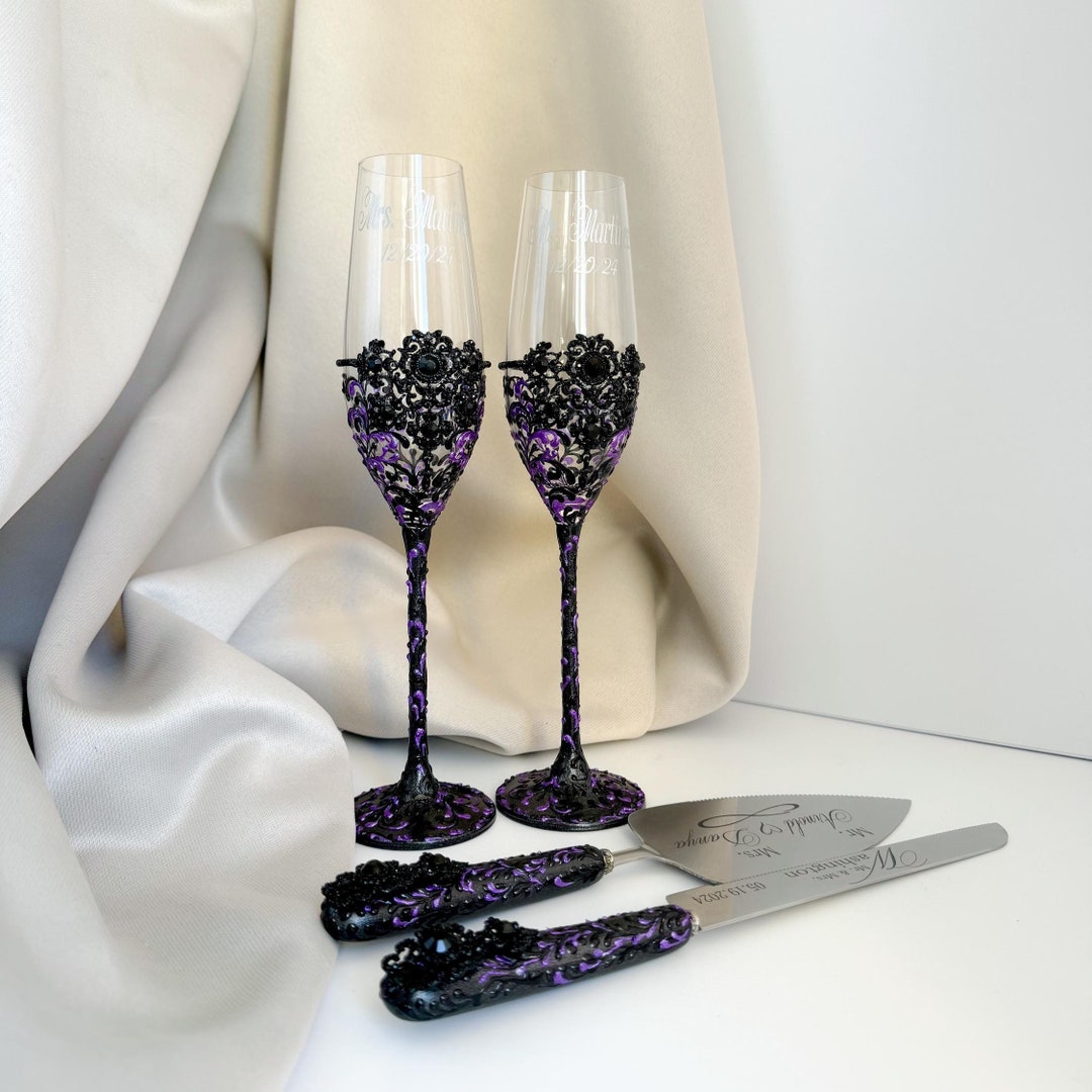 Gothic Wedding Champagne Glasses & Cake Set, Black Purple Halloween ...