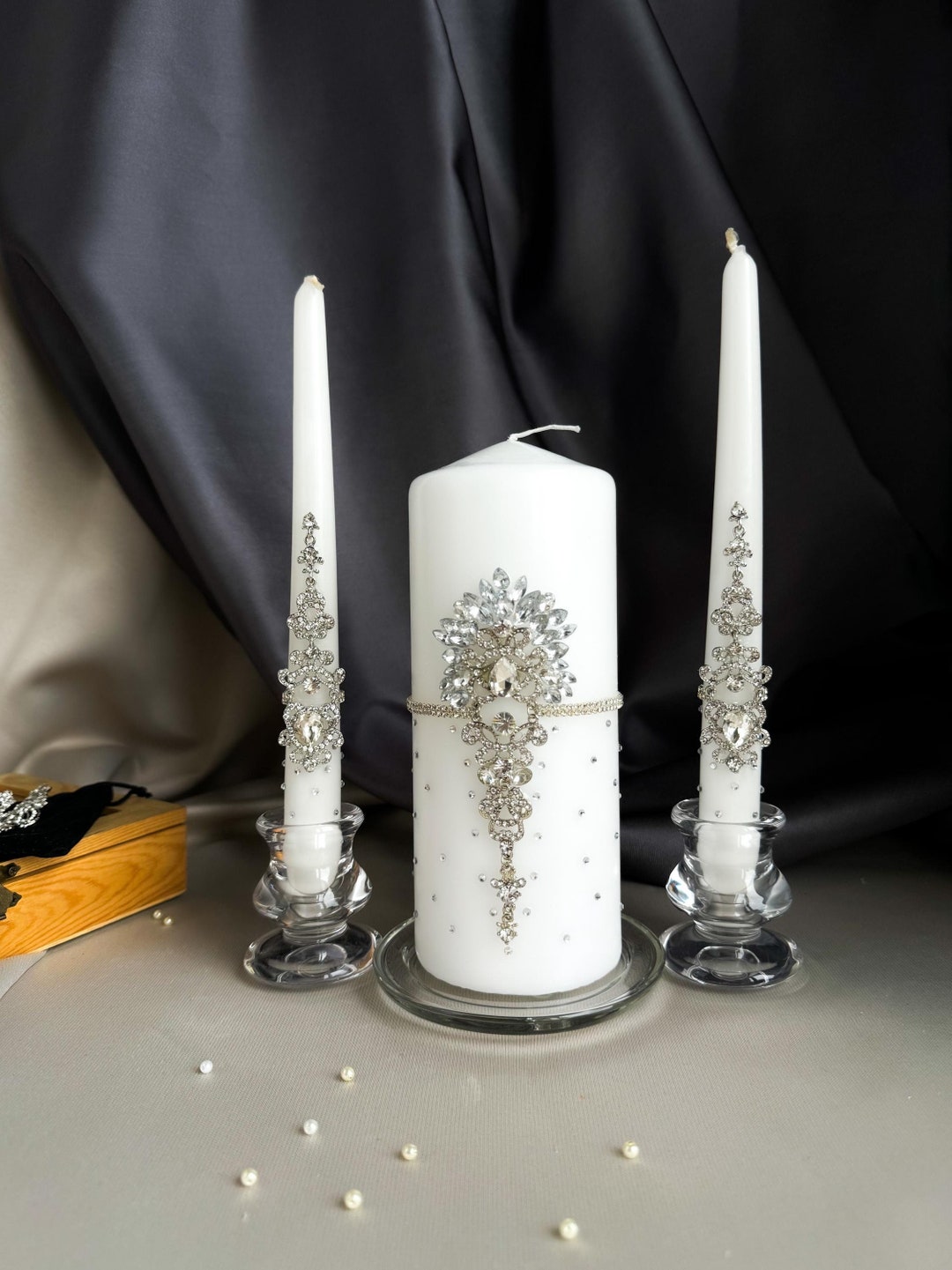 White Unity Candle Set: Silver Rhinestone Wedding Ceremony Candles ...