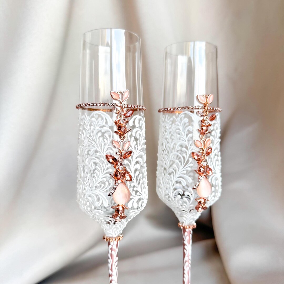 Hand Painted Rose Gold Toast Flutes With Floral Design Rustic Toast ...