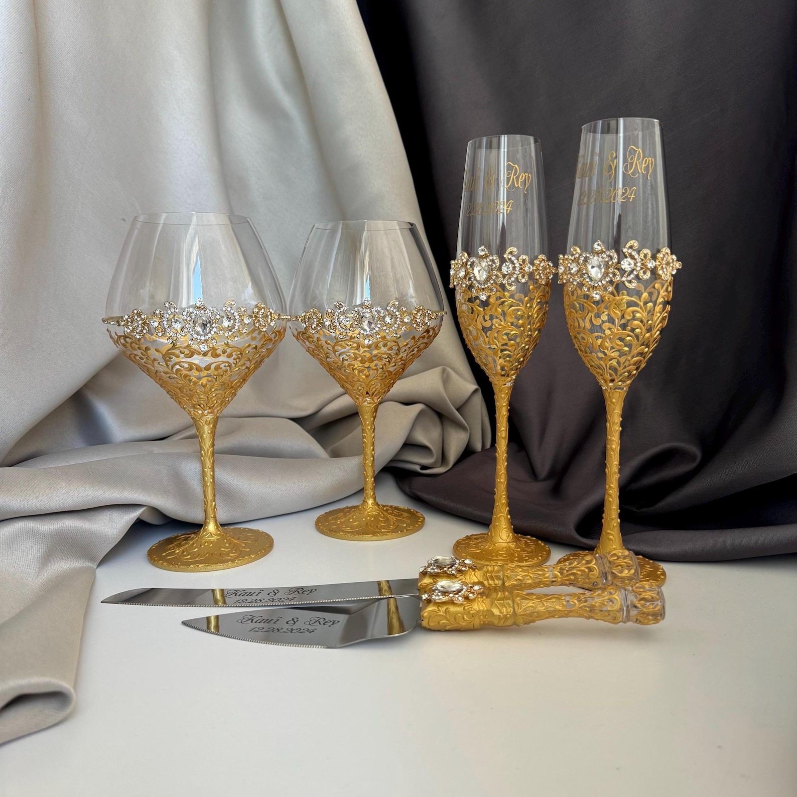 Gold Wine Glasses Set, Anniversary Gift Barware - Etsy
