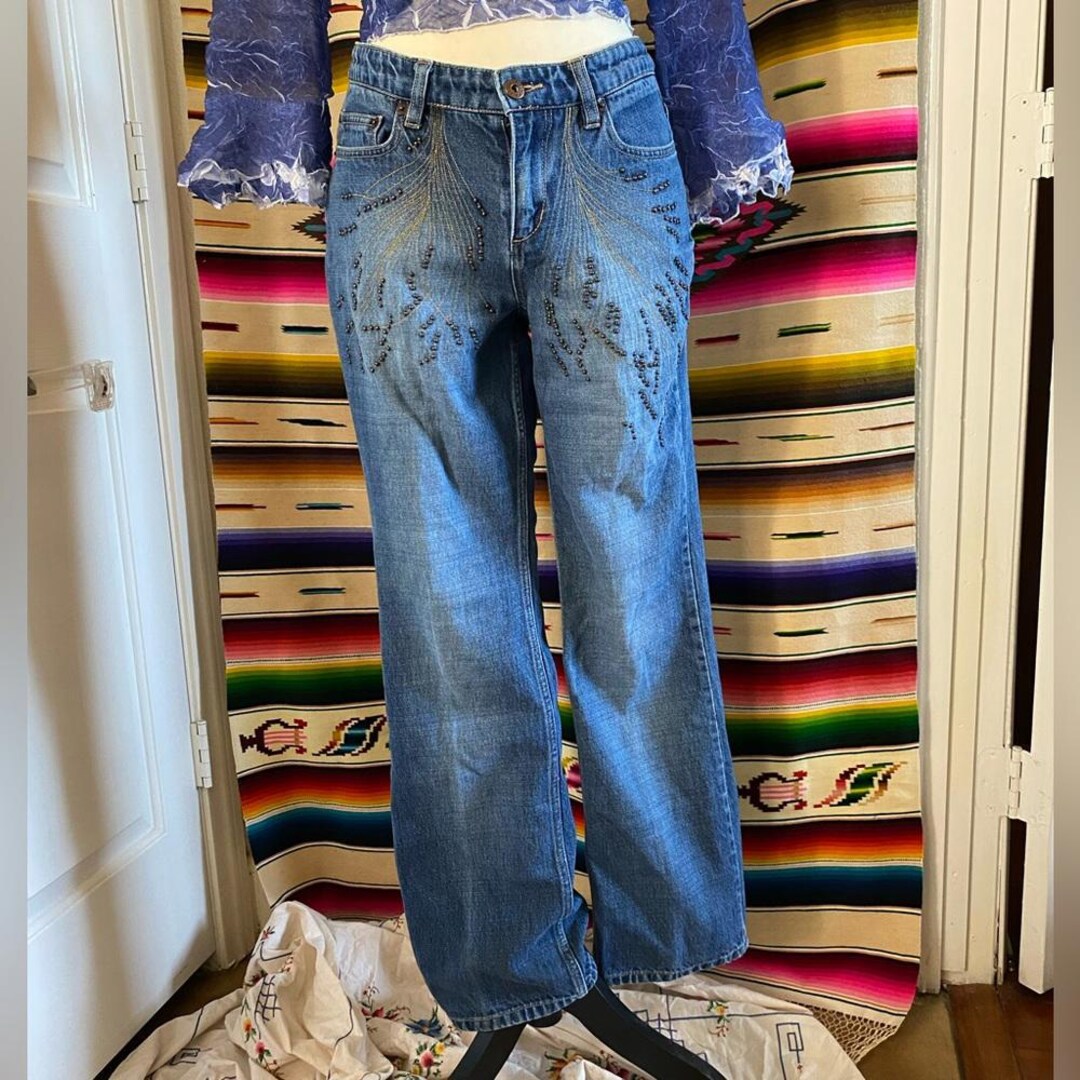 Y2K Vintage Route 66 Beaded Light Wash Feather Flare Jeans - Etsy
