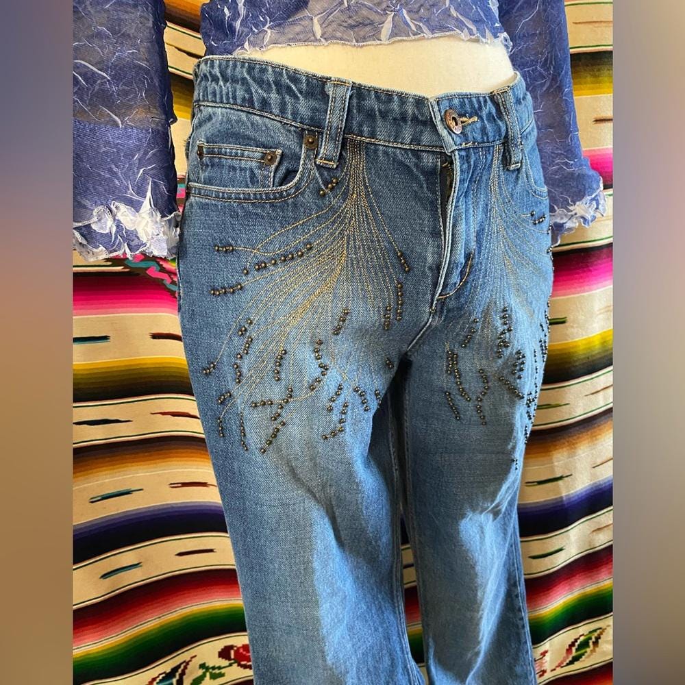 Y2K Vintage Route 66 Beaded Light Wash Feather Flare Jeans - Etsy