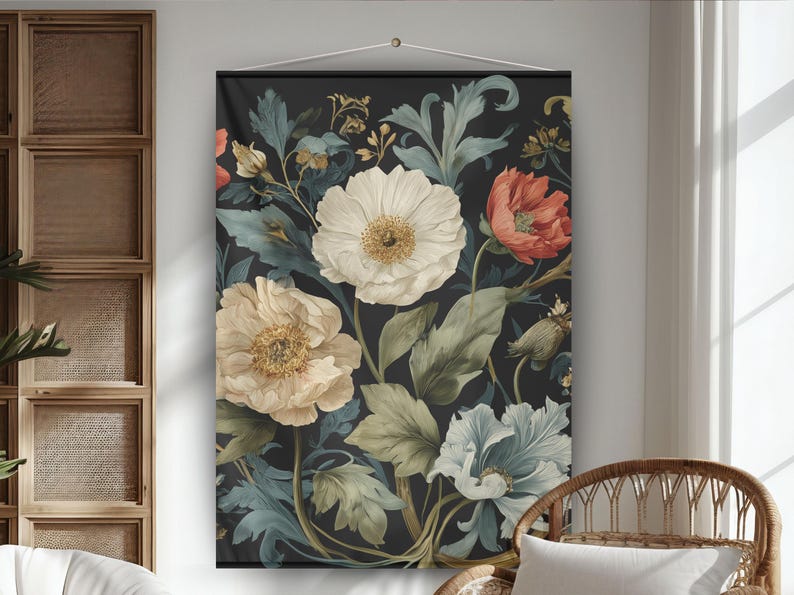 Dark Floral Tapestry | Cottagecore Fabric Wall Art | Large Wall Hanging ...