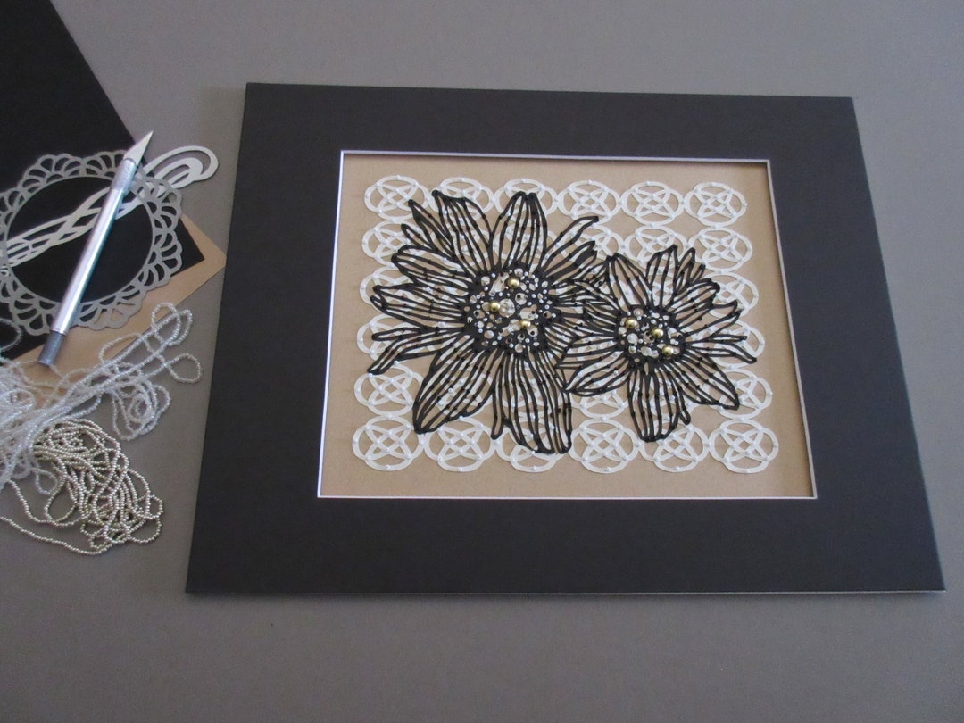 Peaceful Floral Paper Cutting: Layered, Sewn Beadwork, Matted 11x14 Art ...