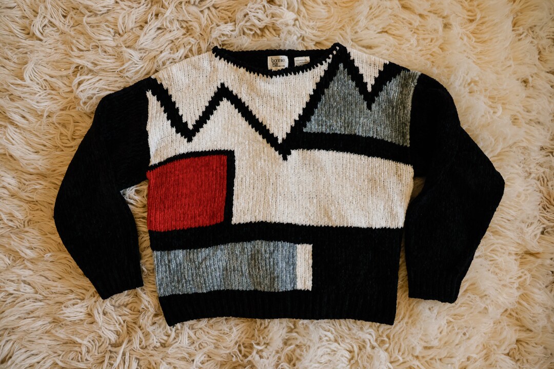 Vintage 80s/90s Acrylic Color Block Mondrian Sweater - Chunky Knit Cozy ...