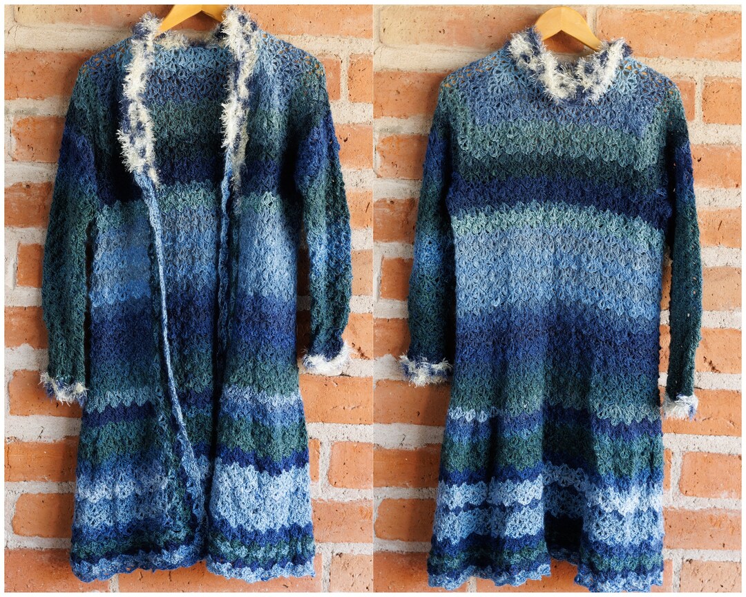Vintage Y2K 90s Whimsigoth Crochet Knit Cardigan Ombre Blue Sweater 70s ...