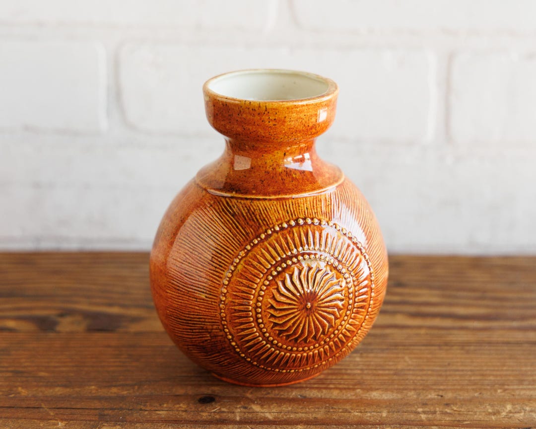 Vintage 1975 Stoneware Orange Ceramic Sun Vase - Etsy