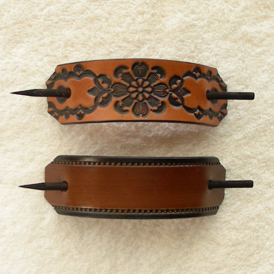 Retro Leather Stick Barrettes: Floral & Edge Pattern - Set of 2 - Etsy