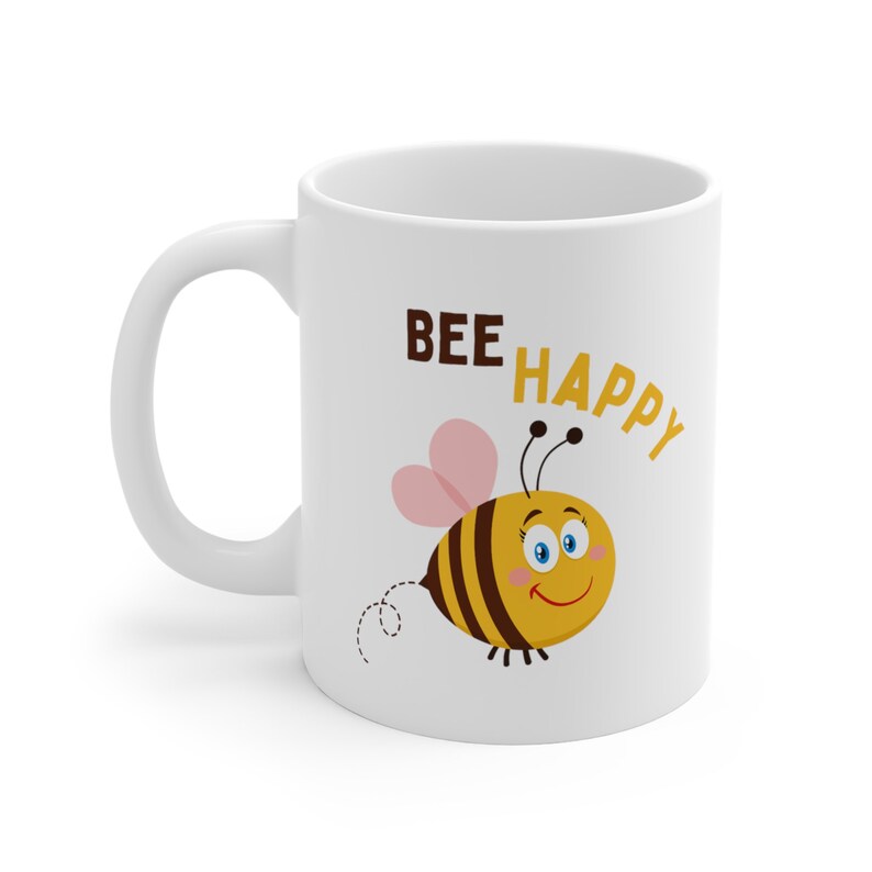 Bee Happy Mug, Cute Bee Cartoon, Inspirational Quote Coffee Cup, Fun ...