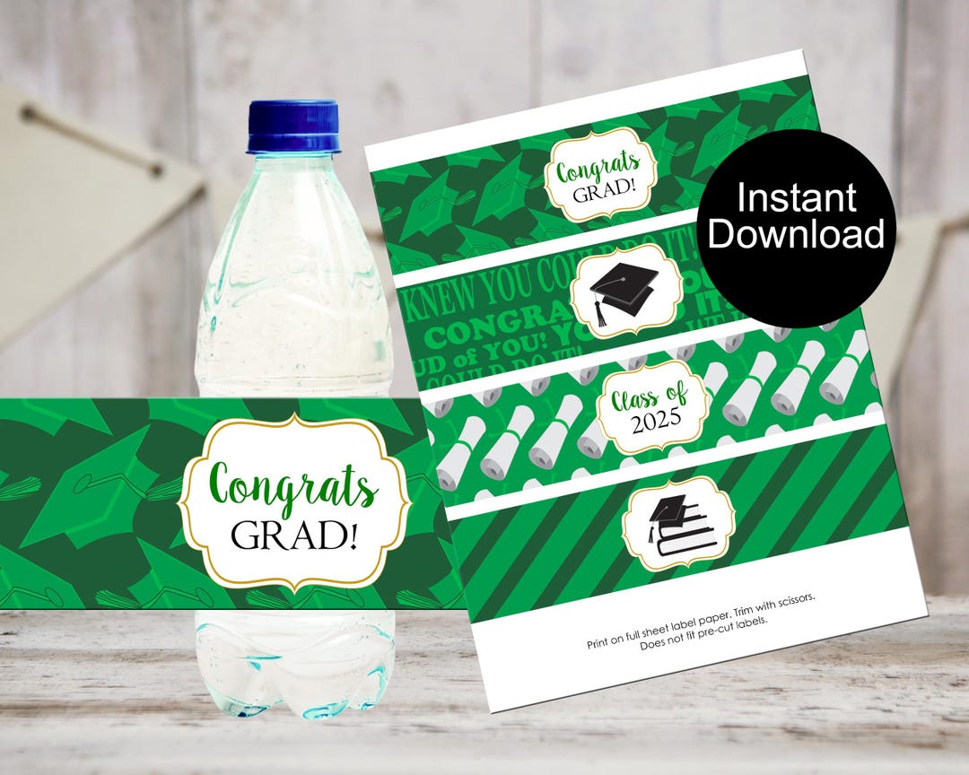 Graduation Water Bottle Labels, Green Graduation Party Favors, Class of ...