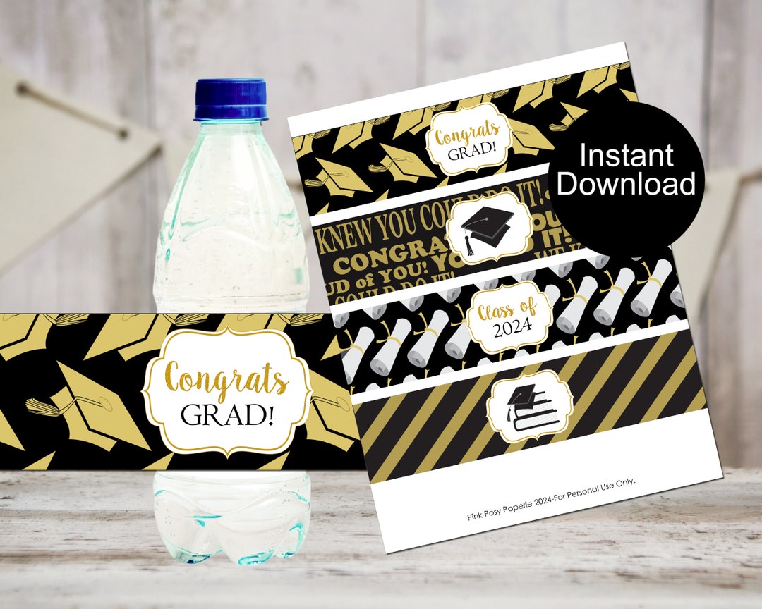 Graduation Water Bottle Labels, Black Gold Graduation Party Favors ...