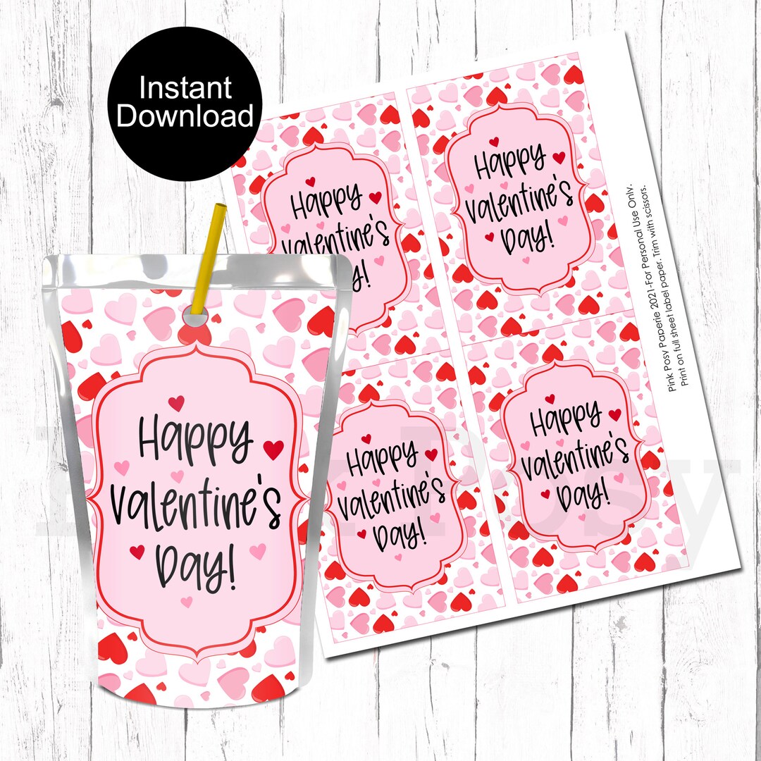 Valentine Juice Pouch Labels, Party Juice Labels, Valentine's Day Party ...