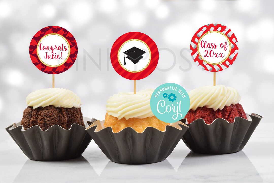 Editable Red Graduation Cupcake Toppers, Red Graduation Decor, Class of ...