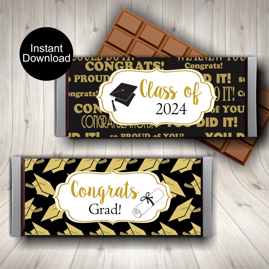 Graduation Candy Bar Wrapper, Black and Gold Chocolate Wrappers, Class ...