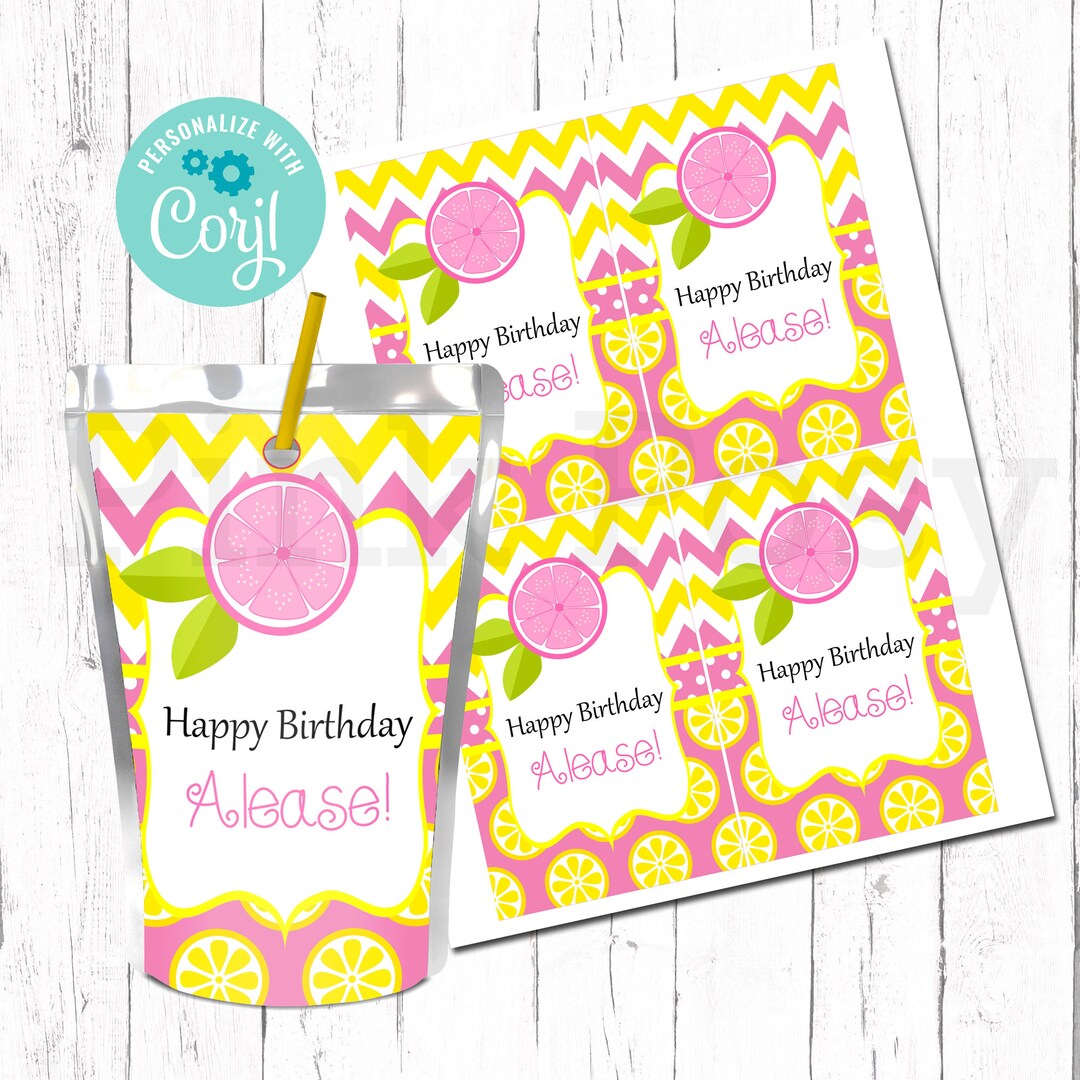 Editable Lemonade Juice Pouch Labels, Birthday Juice Labels, Lemonade ...