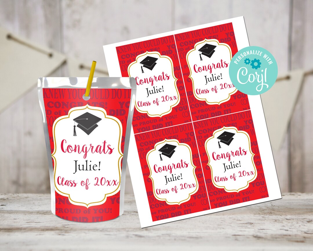 Red Graduation Juice Pouch Labels, Class of 2025, Graduation Party ...