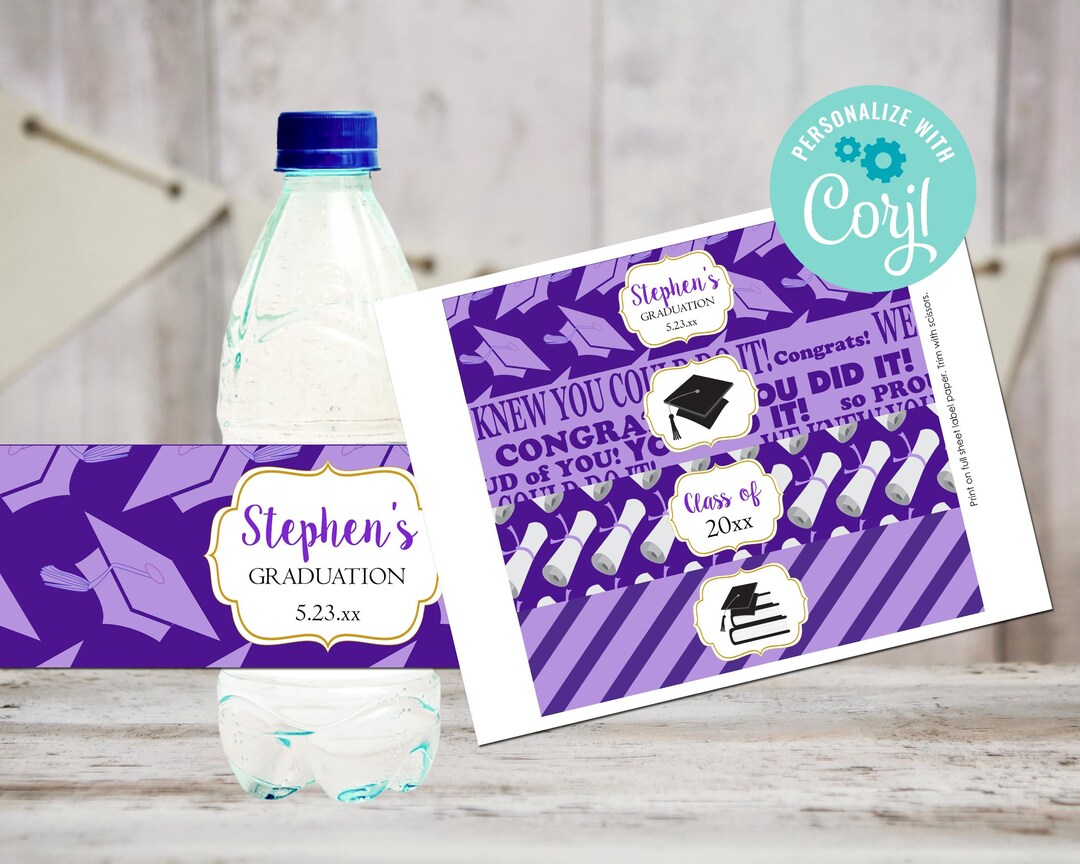 Purple Graduation Water Bottle Labels, Editable Graduation Party Favors ...