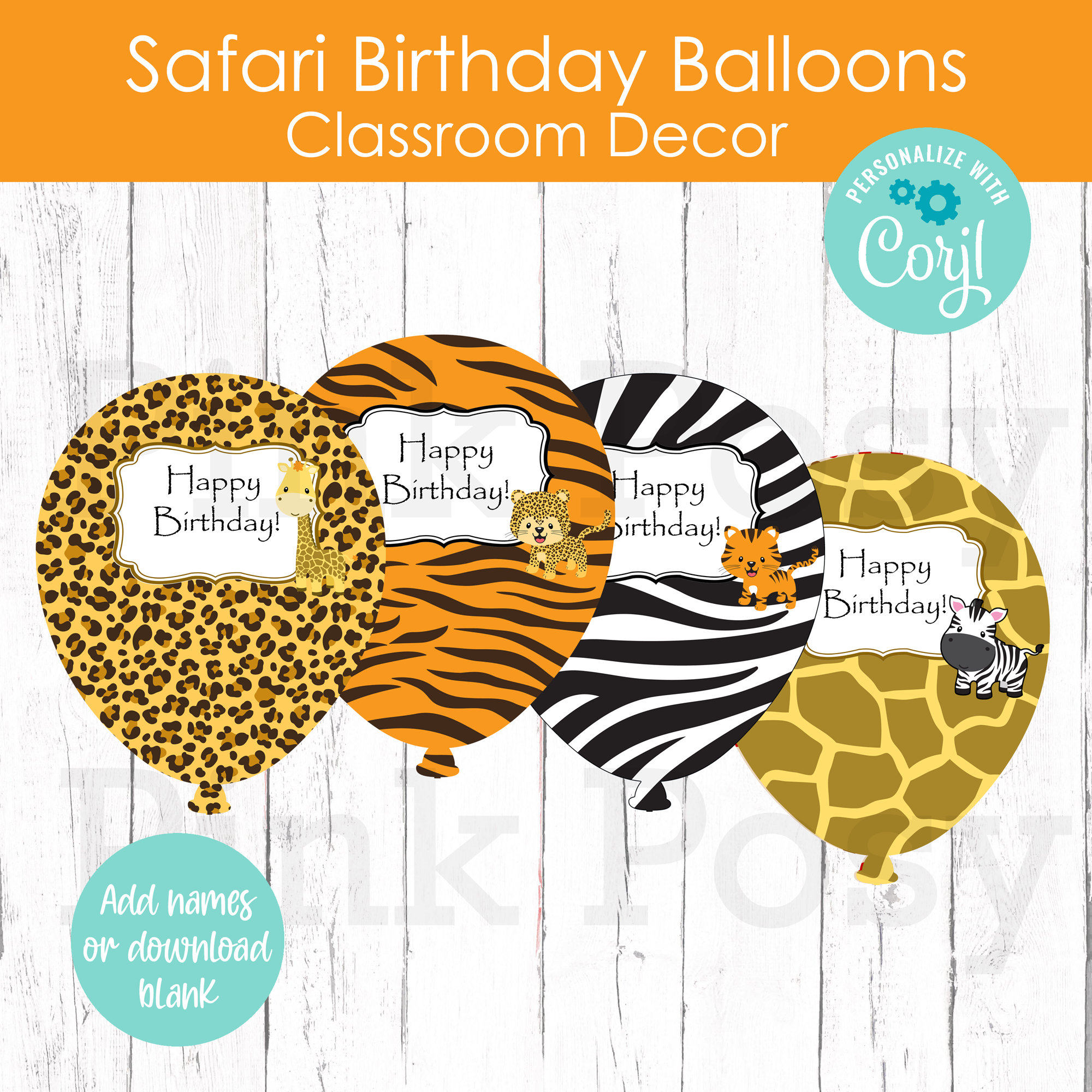 Editable Birthday Balloons, Safari Birthday Balloons, Class Decoration ...