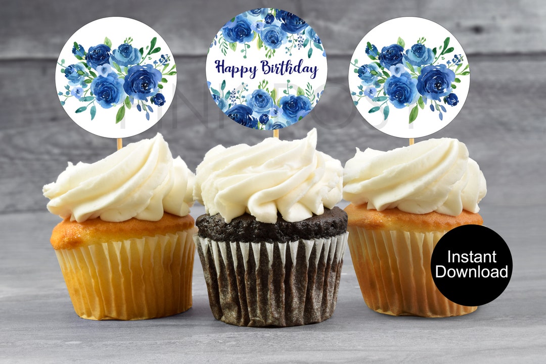 Birthday Cupcake Toppers. Blue Floral Cupcake Toppers, Birthday Party ...