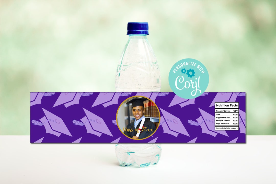 Editable Graduation Photo Water Bottle Labels, Purple Graduation Party ...