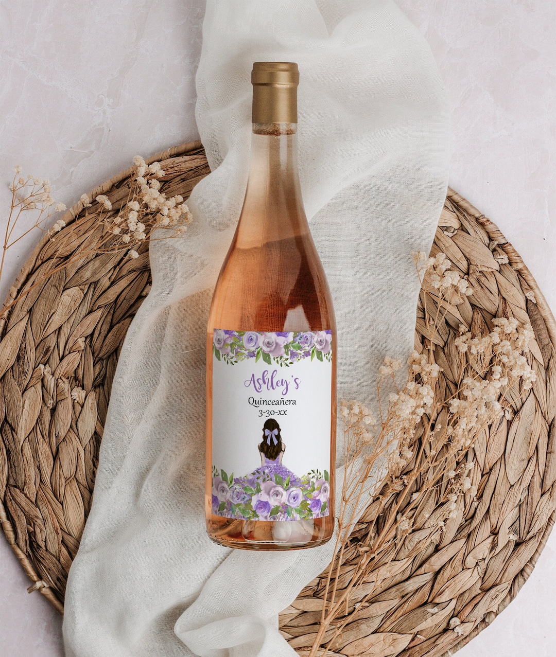Quinceanera Wine Bottle Labels, Custom Wine Sticker, Lavender ...
