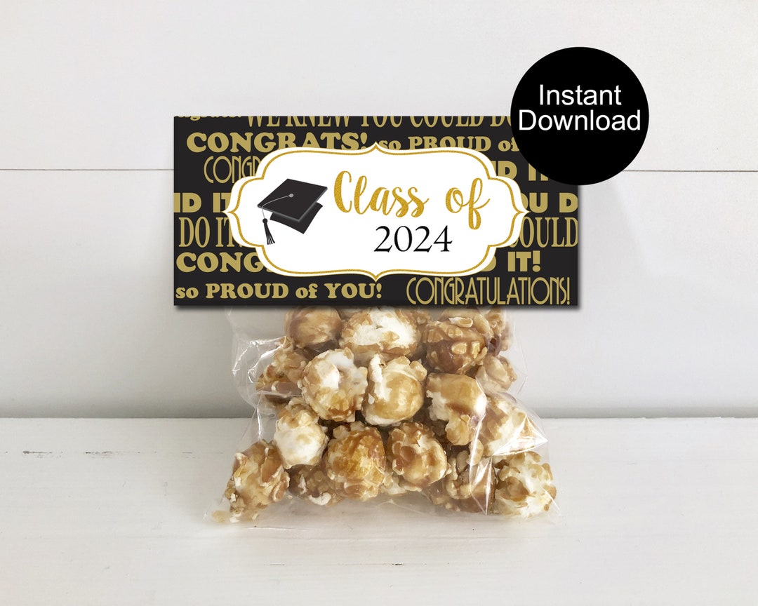 Graduation Treat Bag Toppers, Black Gold Chocolate Treat Bag Favors ...