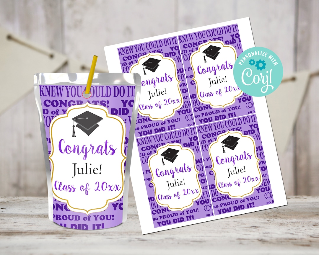 Purple Graduation Juice Pouch Labels, Class of 2025, Graduation Party ...