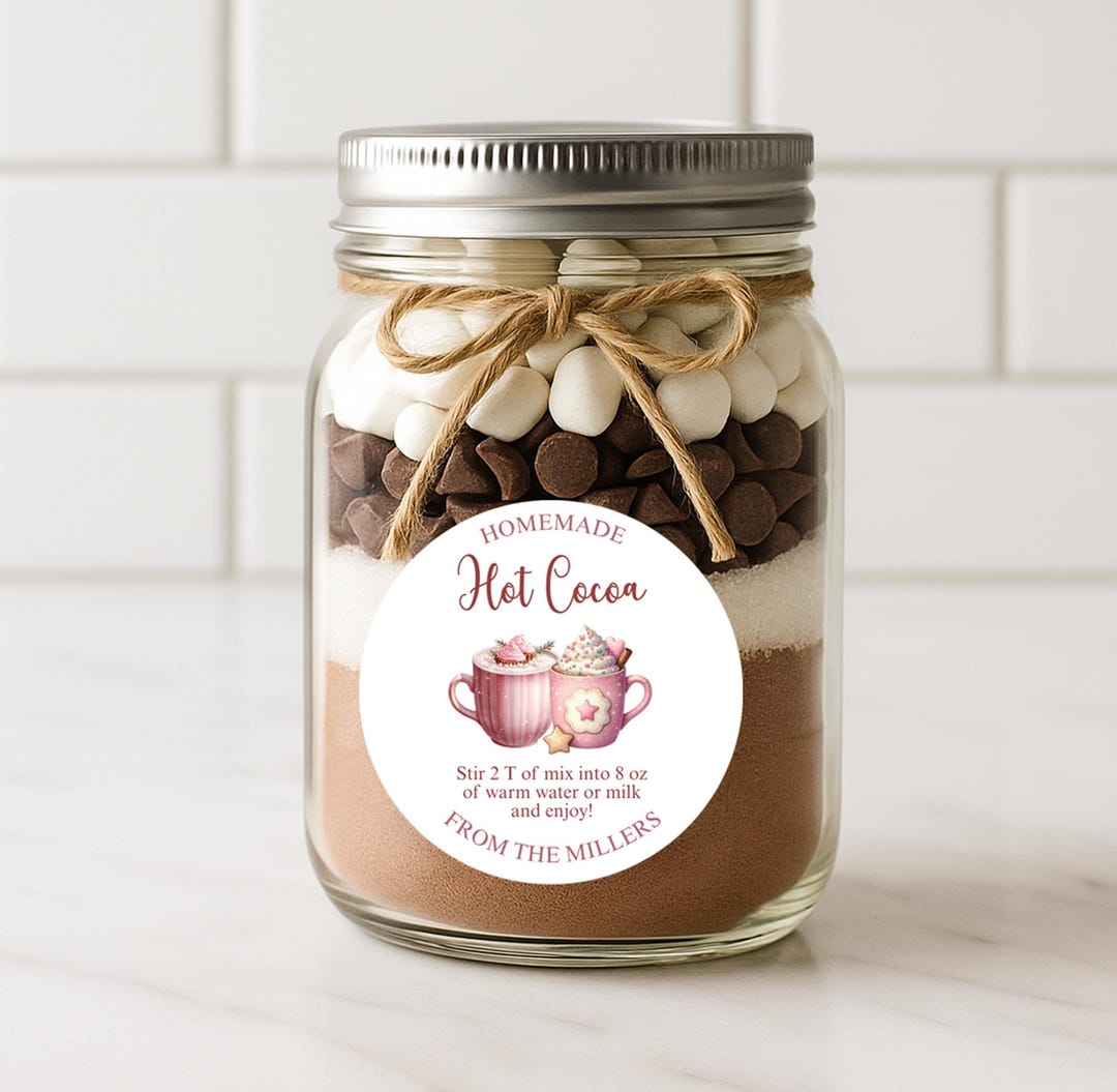 Hot Chocolate Labels, Happy Holiday Treats, Pink Hot Cocoa Stickers ...