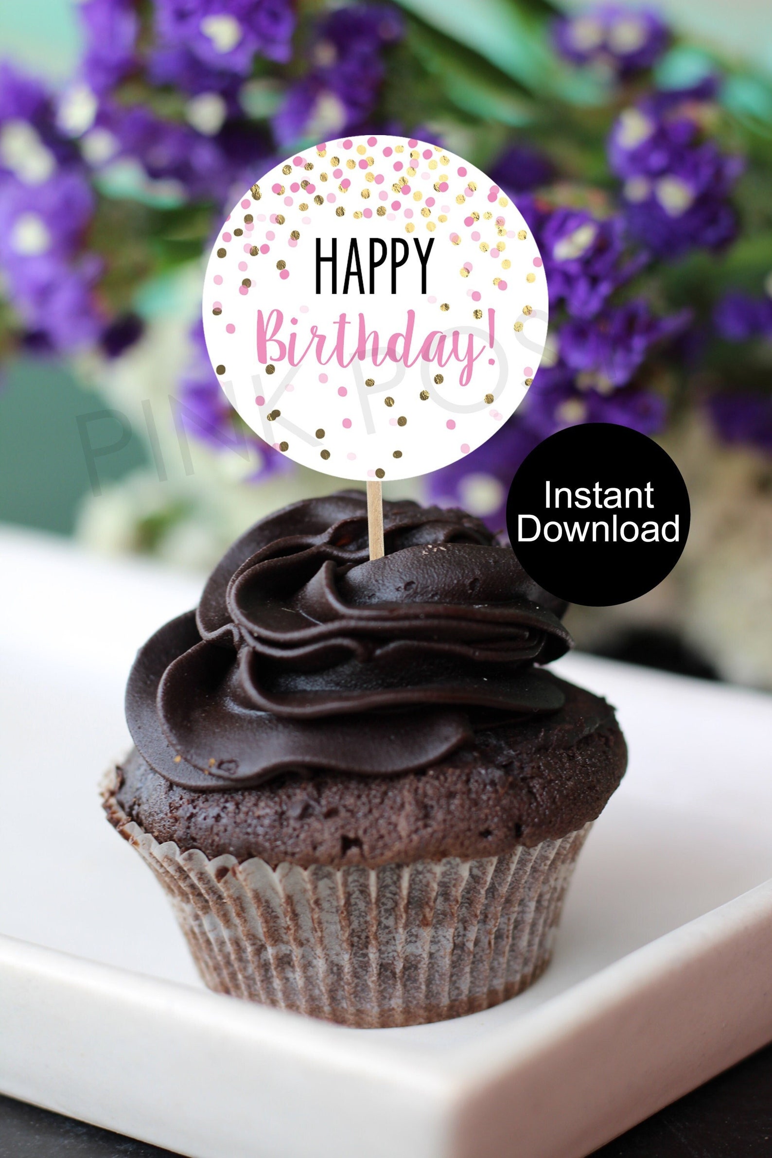 Birthday Cupcake Toppers, Pink Gold Confetti Cupcake Toppers, Birthday ...