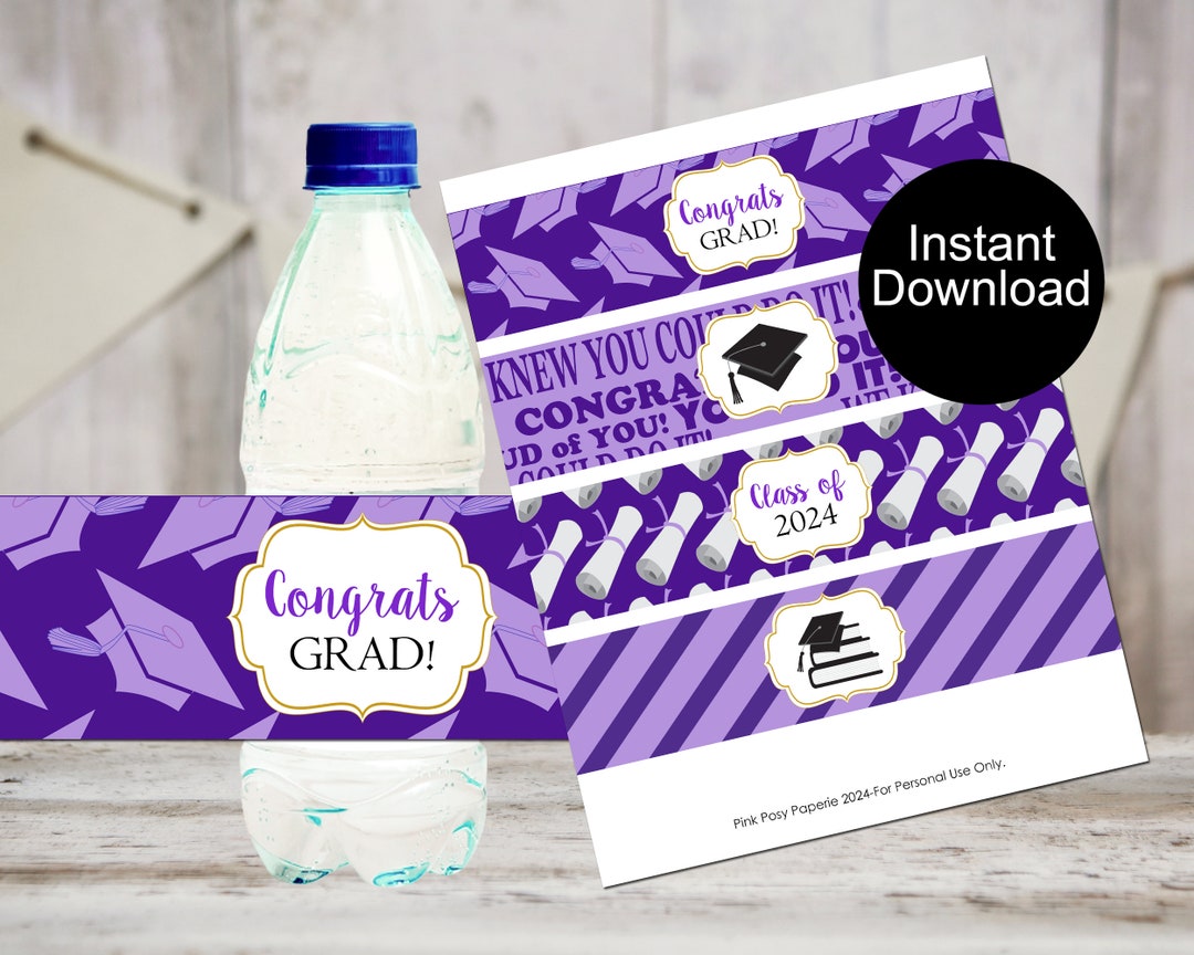 Graduation Water Bottle Labels, Purple Graduation Party Favors, Class ...