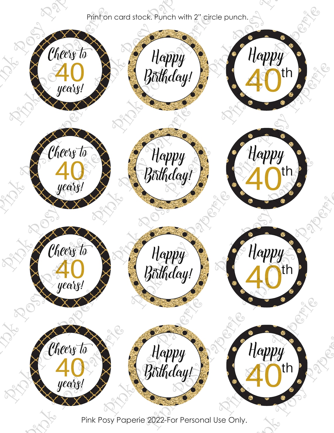 Birthday Cupcake Toppers, 40th Birthday Cupcake Toppers, Black and Gold ...