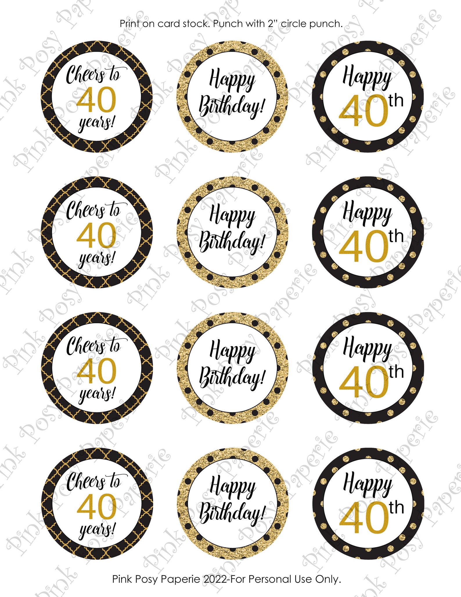 Birthday Cupcake Toppers, 40th Birthday Cupcake Toppers, Black and Gold ...
