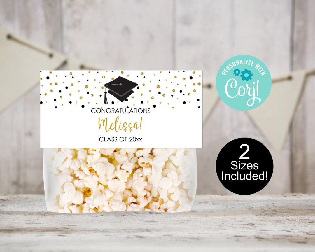 Graduation Bag Toppers, Editable Black Gold Dot Treat Bag Favors, Class ...