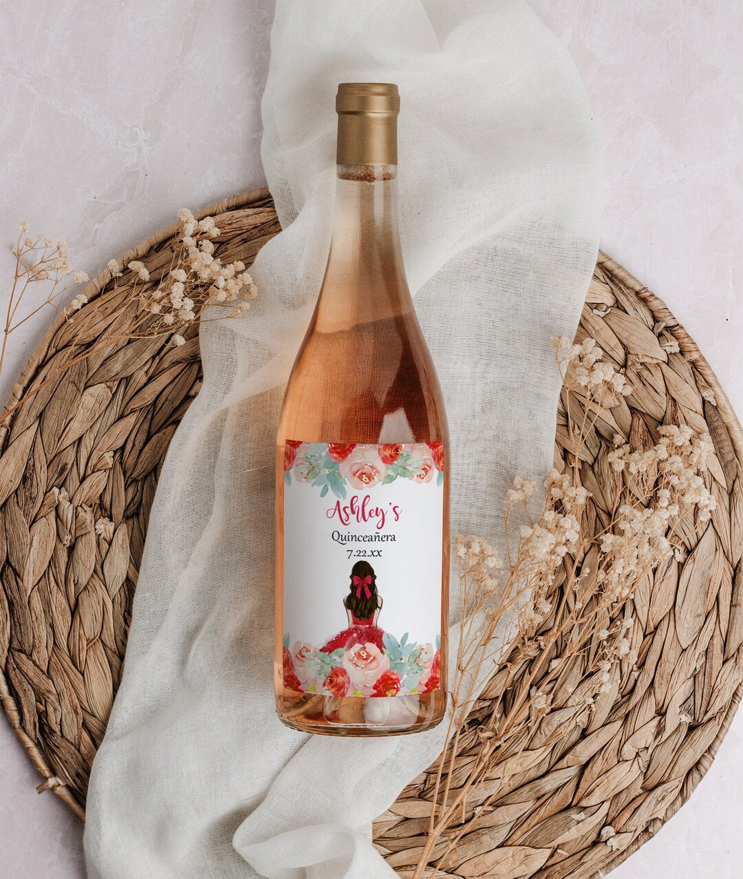 Quinceanera Wine Bottle Labels, Custom Wine Sticker, Red Floral ...