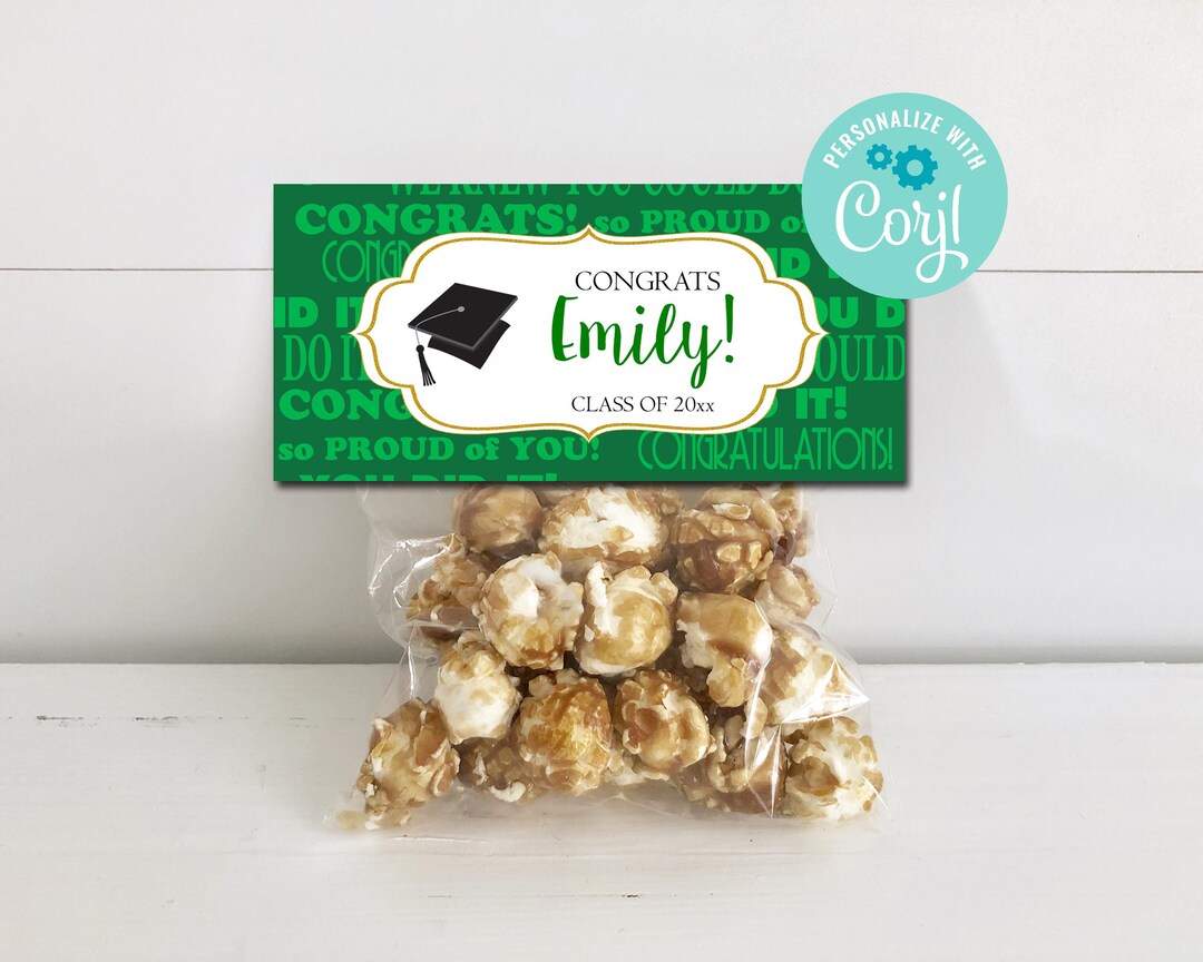 Green Graduation Treat Bag Toppers, Editable Treat Bag Favors, Class of ...