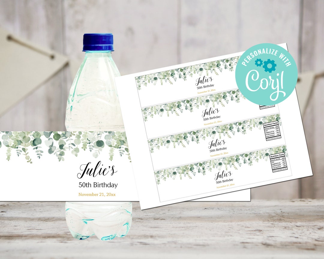 Birthday Bottle Wrappers, Greenery Water Bottle Labels, Eucalyptus ...