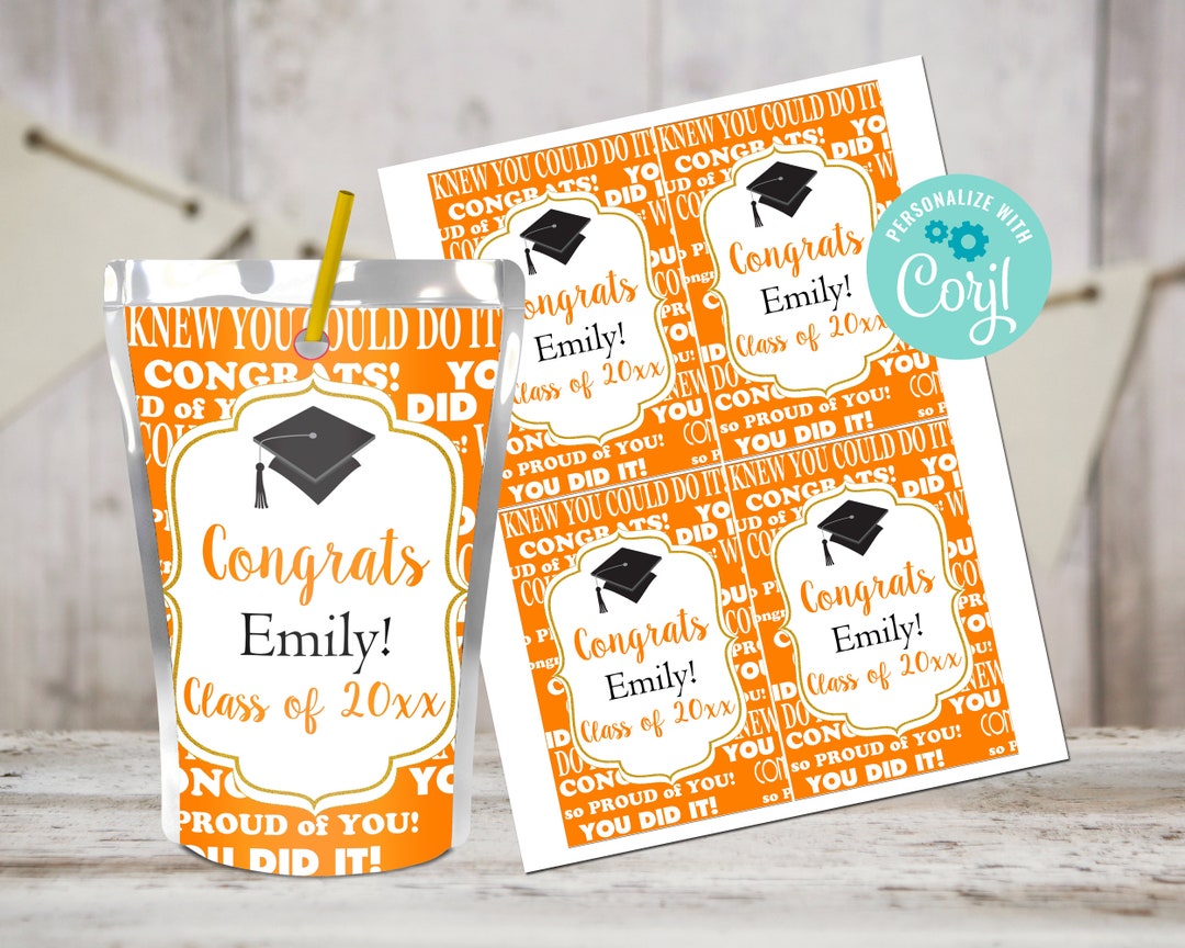 Orange Graduation Juice Pouch Labels, Class of 2025, Graduation Party ...