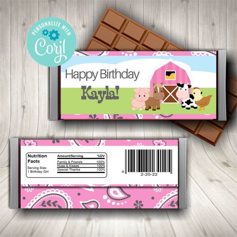 Editable Farm Animal Candy Bar Wrapper Girl Barnyard - Etsy
