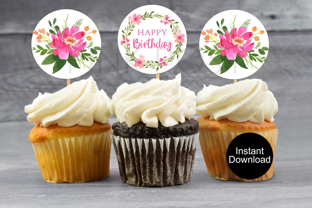 Birthday Cupcake Toppers. Hot Pink Floral Cupcake Toppers, Birthday ...