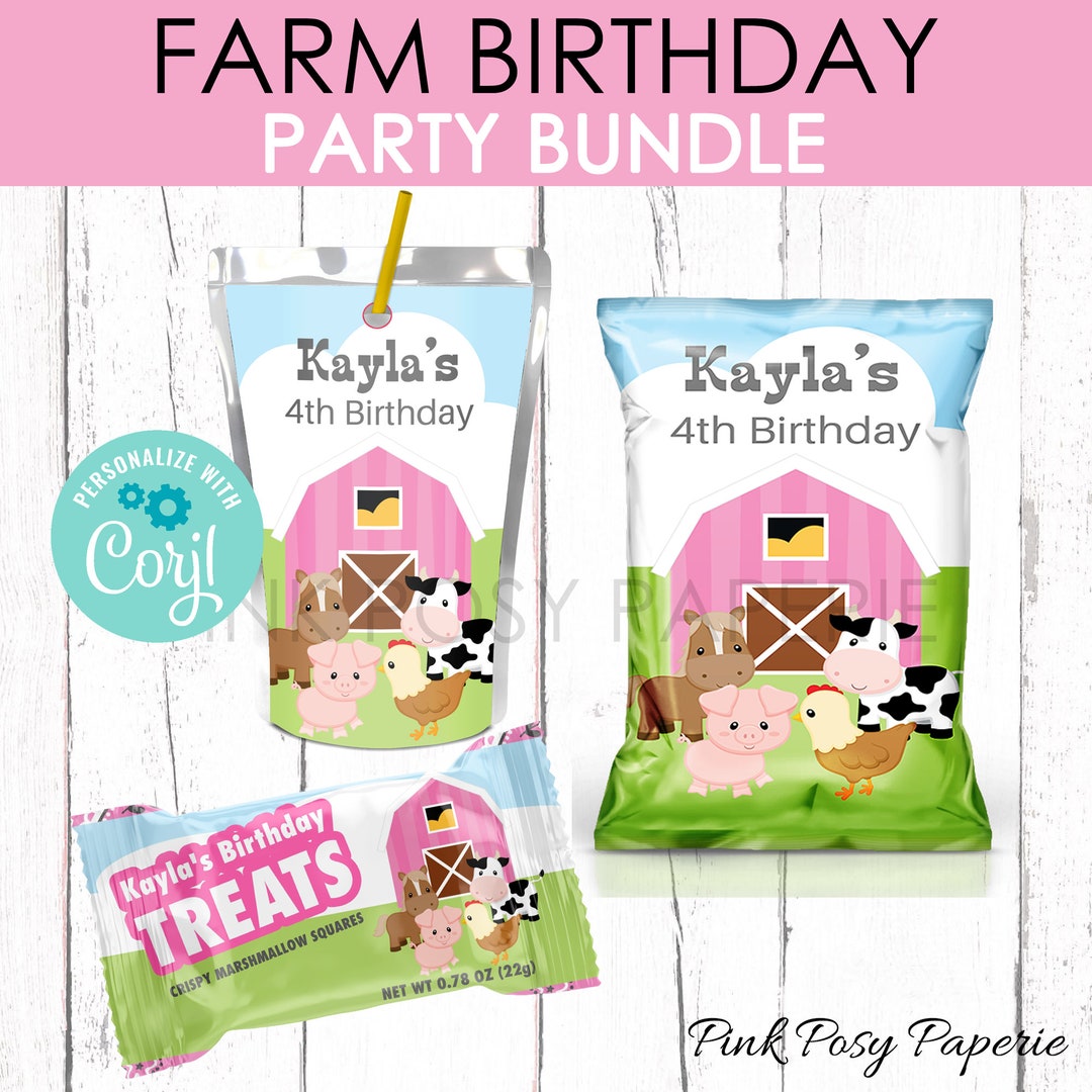 Farm Animal Party Bundle, Pink Farm Birthday Chip Bags, Printable ...