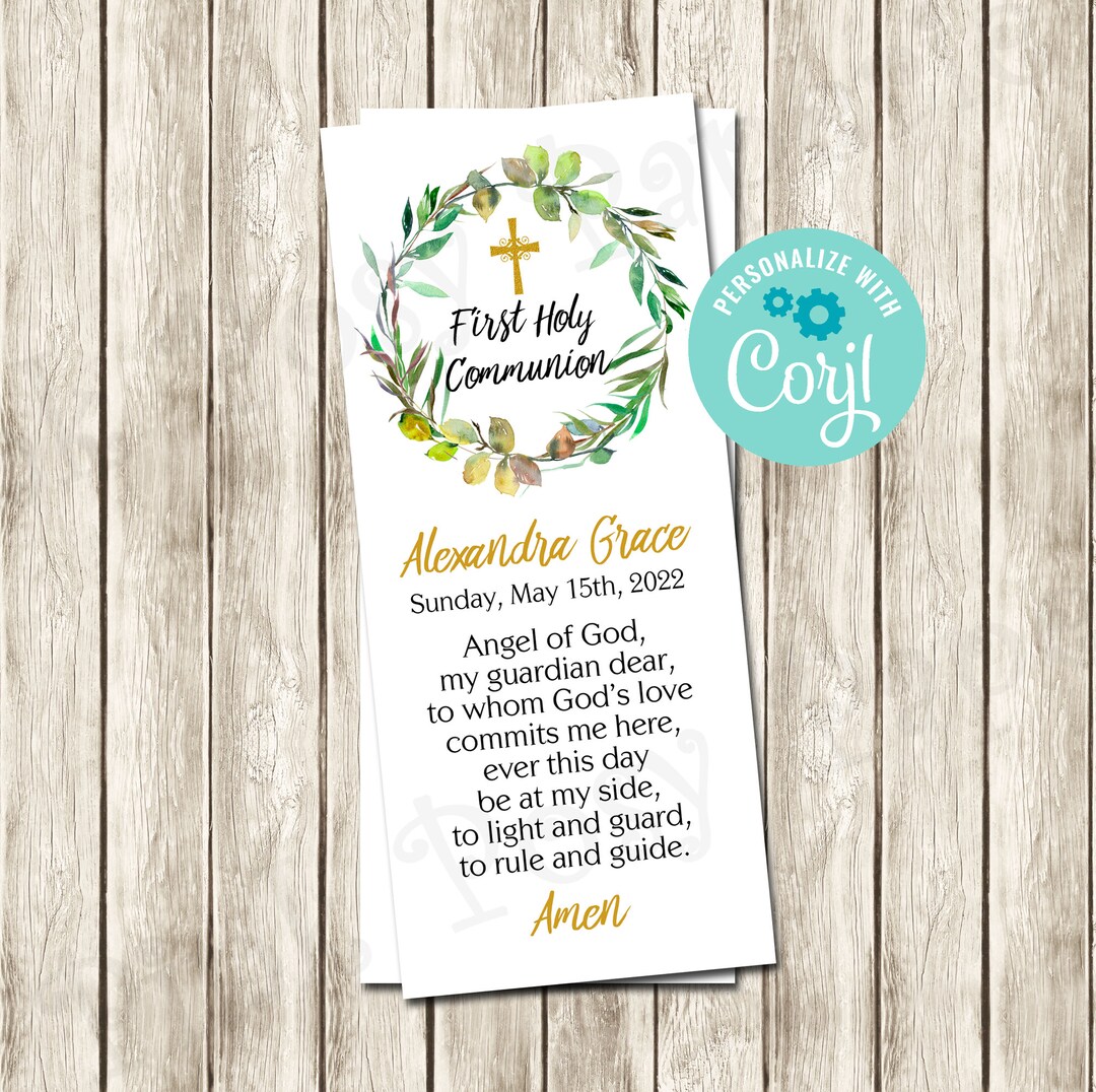 Editable First Communion Prayer Card, Greenery Gold Bookmark, Printable ...