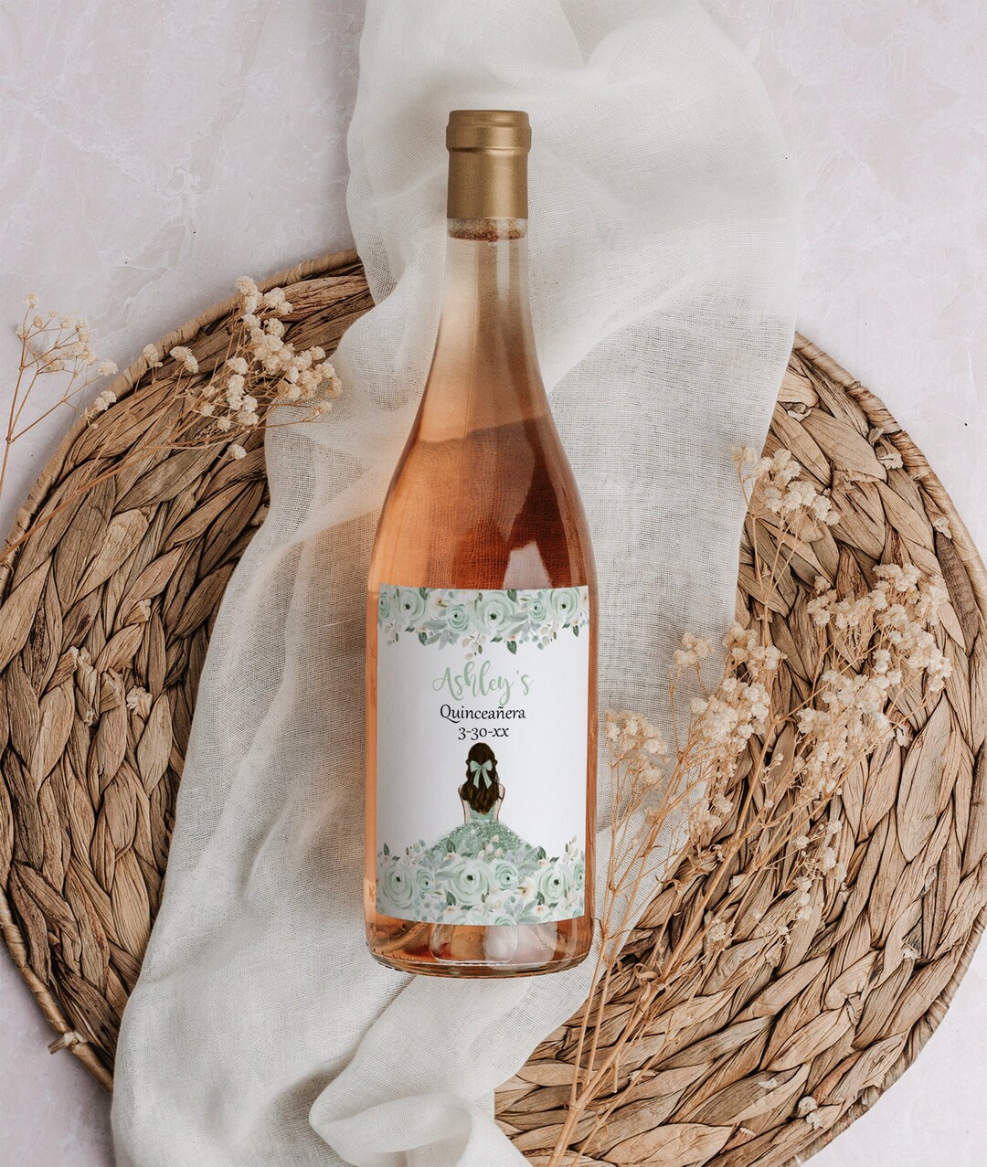 Quinceanera Wine Bottle Labels, Custom Wine Sticker, Sage Floral ...