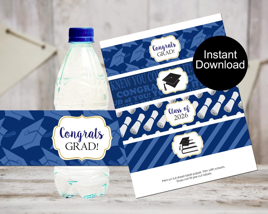 Graduation Water Bottle Labels, Navy Blue Graduation Party Favors ...
