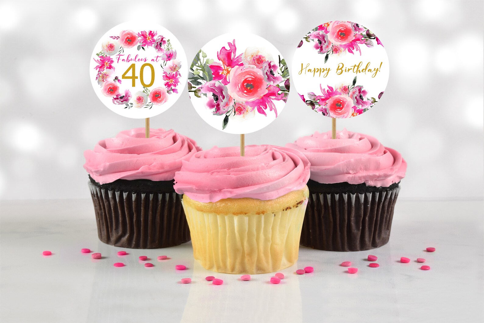 Birthday Cupcake Toppers, 40th Birthday Cupcake Toppers, Floral ...