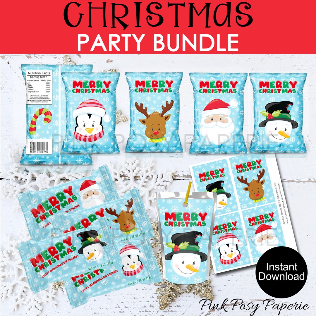 Christmas Party Bundle, Snowman Chip Bags, Printable Christmas Favors ...