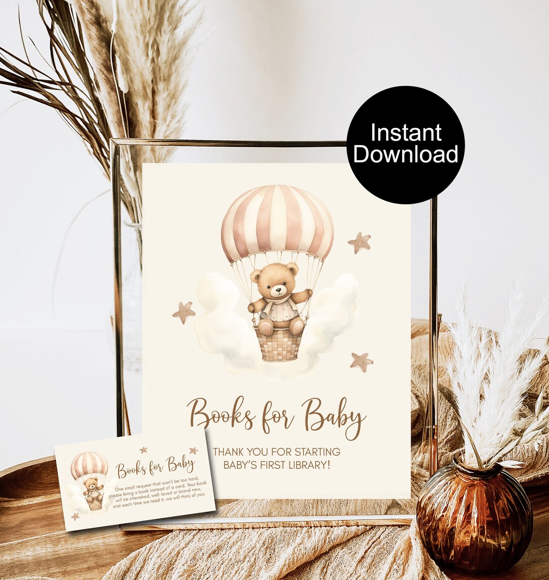 Tarjetas y letreros de solicitud de libro de oso pardo, ducha de globos ...